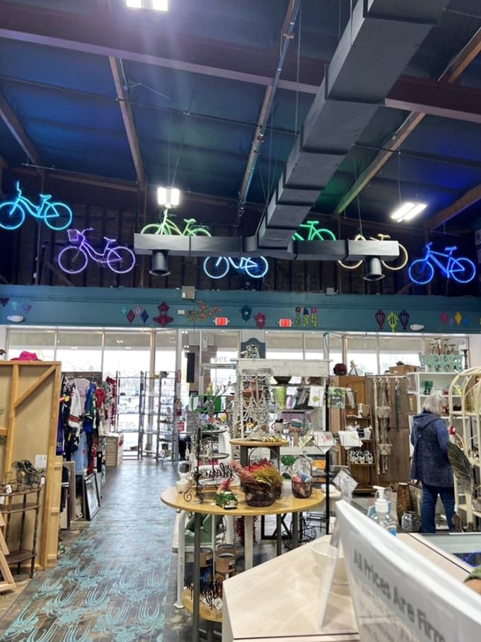Wide aisles and colorful bicycle art overhead create a shopping experience that's actually civilized and delightfully organized.