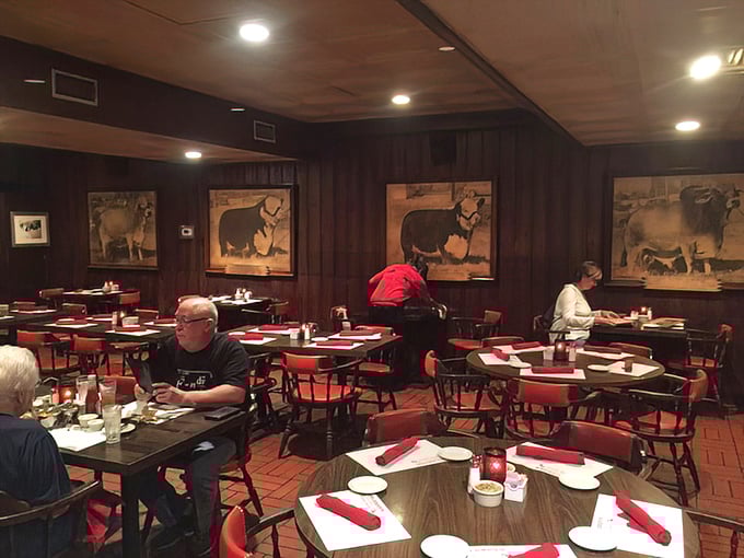Where beef meets tradition: Red-checkered tablecloths and cattle portraits create the quintessential Texas steakhouse atmosphere that hasn't changed because it doesn't need to.