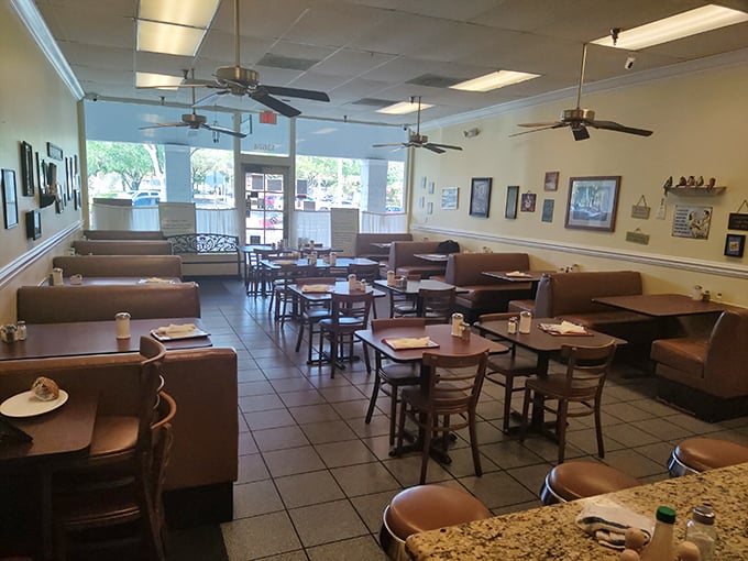 Inside, the no-frills dining room offers exactly what you want in a breakfast joint: comfortable booths, ceiling fans, and the promise of honest food.