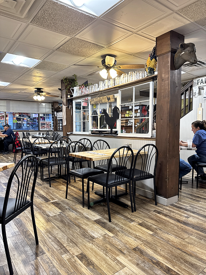 Inside, wooden beams and farmhouse decor create that "I've just walked into my grandmother's kitchen" feeling where memories are served alongside meals.