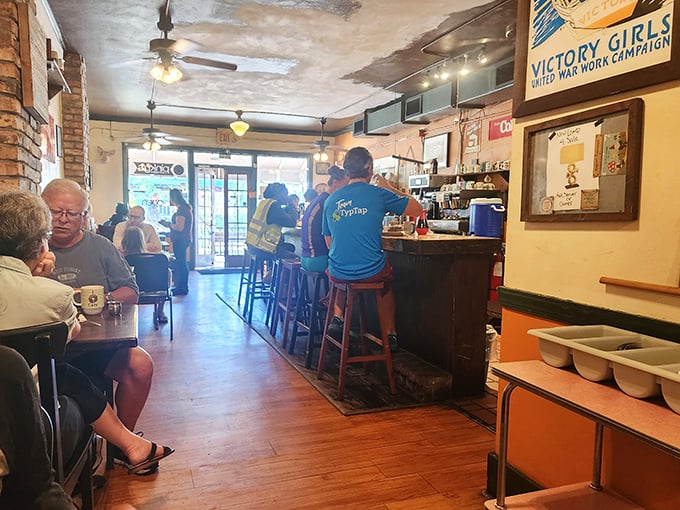 Inside, the cozy dining room feels like breakfast's natural habitat&mdash;worn wooden floors, vintage posters, and regulars perched at the counter like they own the place.