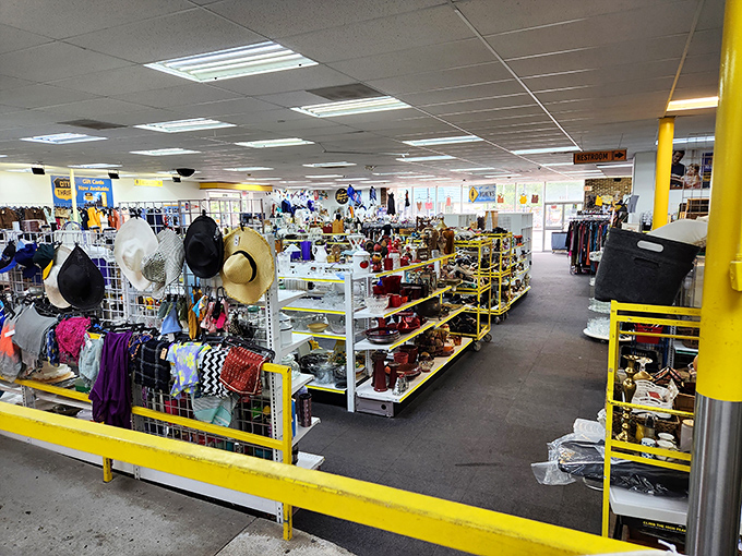 Welcome to the mothership of secondhand shopping, where the bright yellow fixtures serve as beacons guiding you through a sea of possibilities.
