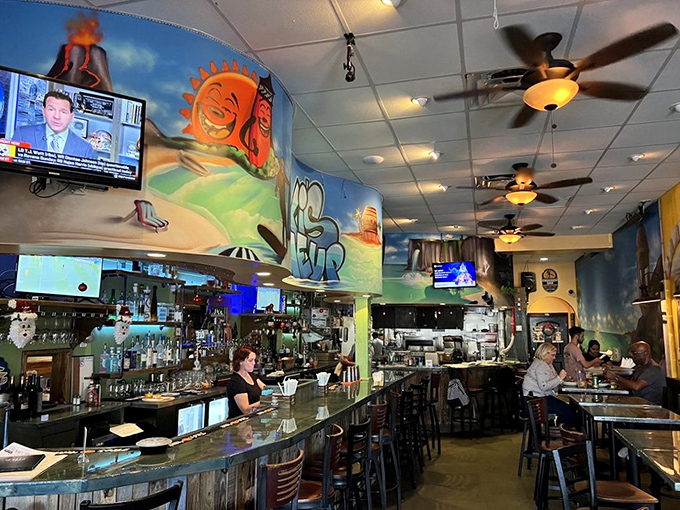 Inside, vibrant ocean murals and a bustling bar create that perfect "I've discovered something special" atmosphere locals try to keep secret.