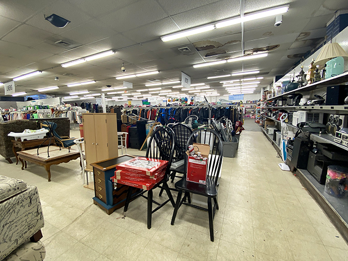 Aisles that stretch toward the horizon promise adventures in secondhand discovery. That black chair might have stories to tell!