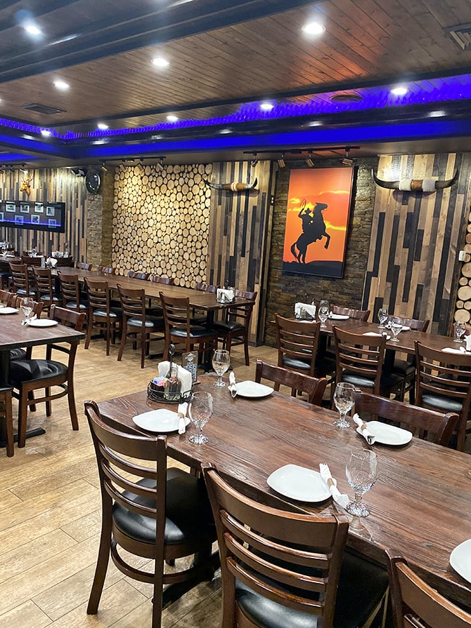Rustic meets refined in Samarkand's dining room, where wood-paneled walls and that striking cowboy silhouette create the perfect backdrop for meat-centric feasting.