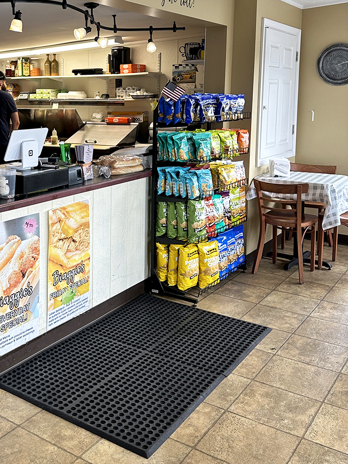 No-frills interior with all the essentials: a counter for ordering, chips for crunching, and tables for the serious business of sandwich appreciation.