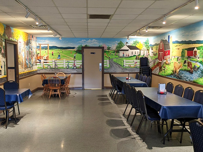 Colorful farm murals transform simple dining into a storybook experience. It's like eating inside a Norman Rockwell painting that happens to serve incredible comfort food.