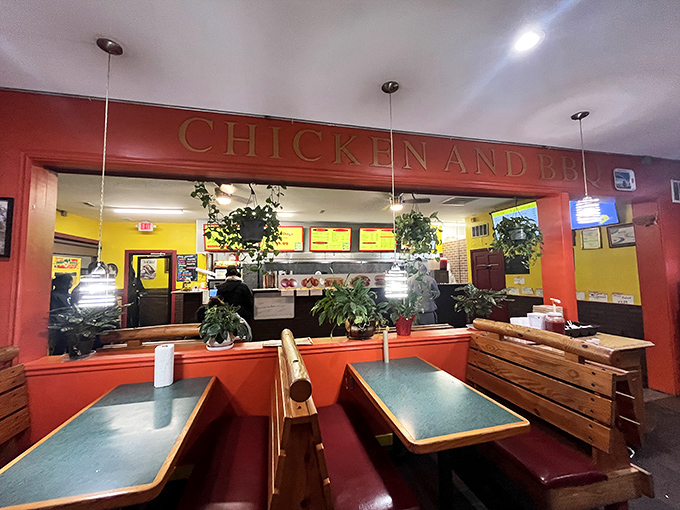 Inside, the no-nonsense dining area lets you focus on what matters: the impending sandwich masterpiece that's about to change your definition of comfort food.