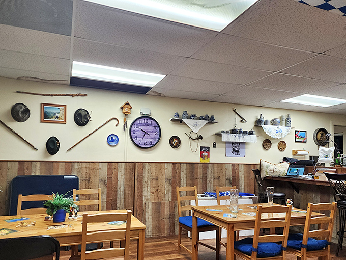 Inside, rustic wood paneling and German memorabilia create a cozy atmosphere that's less "Florida retirement" and more "Black Forest getaway." Those blue cushions have supported many happy diners.