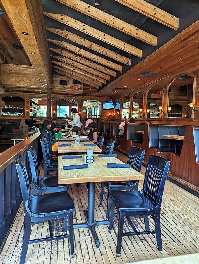 Exposed wooden beams and rustic charm create the perfect backdrop for serious eating &ndash; like a mountain lodge that somehow migrated to the beach.