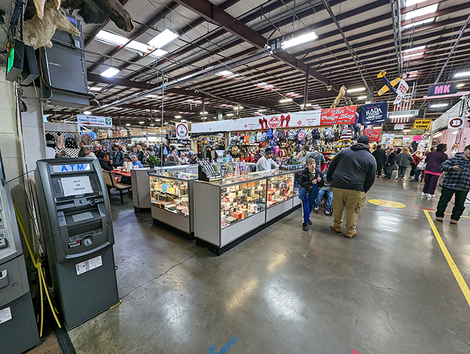 Where shopping meets spectacle&mdash;the indoor market hums with activity as shoppers navigate a maze of glass cases and vendor displays. 