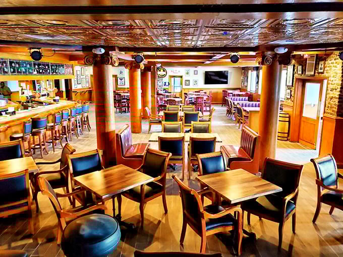 Warm wooden columns and pressed tin ceilings create that perfect pub atmosphere&mdash;somewhere between "fancy night out" and "your living room, but with better beer."