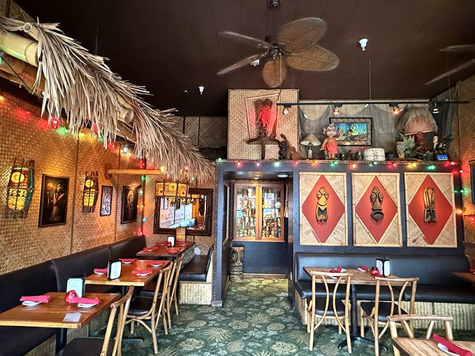 Step inside and you're instantly transported to a mid-century tiki paradise, complete with bamboo accents, colorful masks, and that vacation feeling you've been craving.