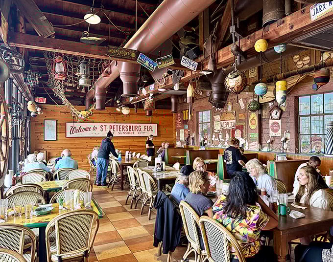 Inside, it's a maritime treasure trove where every inch tells a story. License plates, buoys, and nautical knick-knacks create the perfect backdrop for seafood indulgence.