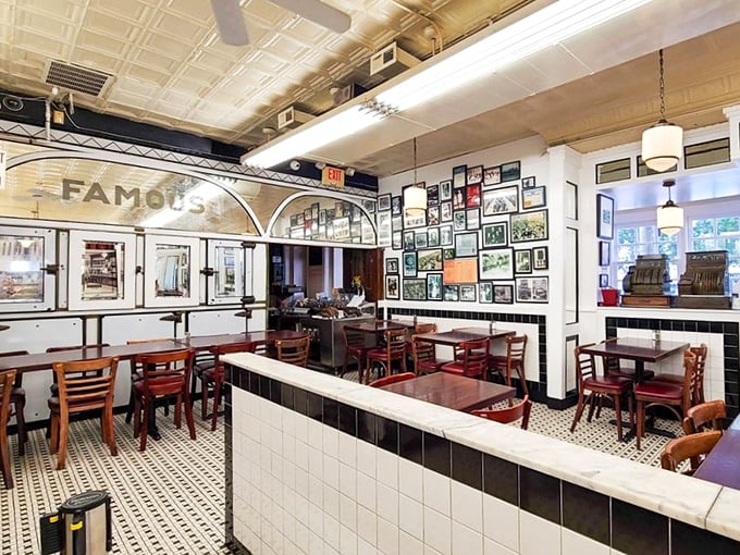 Step inside and time travel through Philadelphia history – the classic black and white tiles, wooden tables, and wall-to-wall memories create an authentic deli experience.