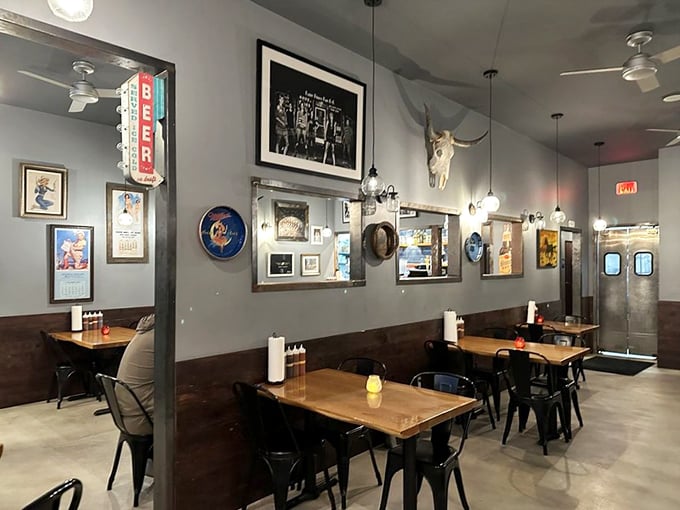 Minimalism meets pizza perfection. The clean interior with its playful logo wall art lets you focus on what matters&mdash;the impending flavor explosion.