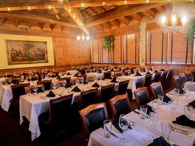 White tablecloths, wooden beams, and chandeliers create that perfect "special occasion" atmosphere where memories are made between magnificent bites.