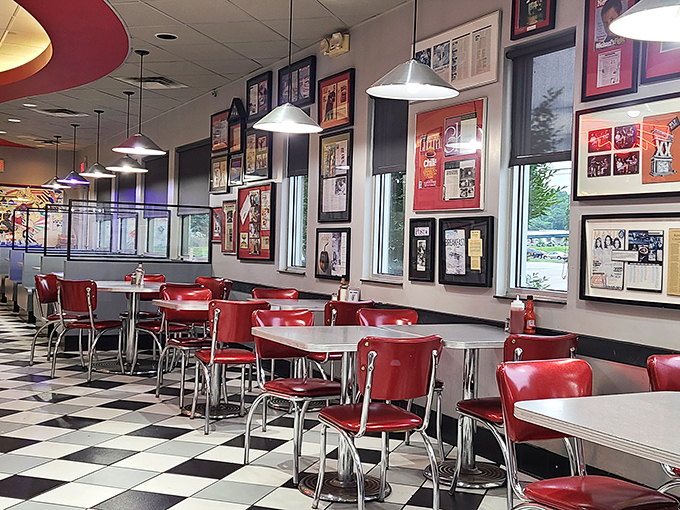 Red vinyl booths and checkerboard floors transport you to a simpler time, while the walls showcase decades of Cincinnati history and loyal patronage.