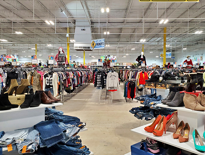 Endless aisles stretch like a retail rainbow, where every rack holds potential wardrobe magic at wallet-friendly prices.