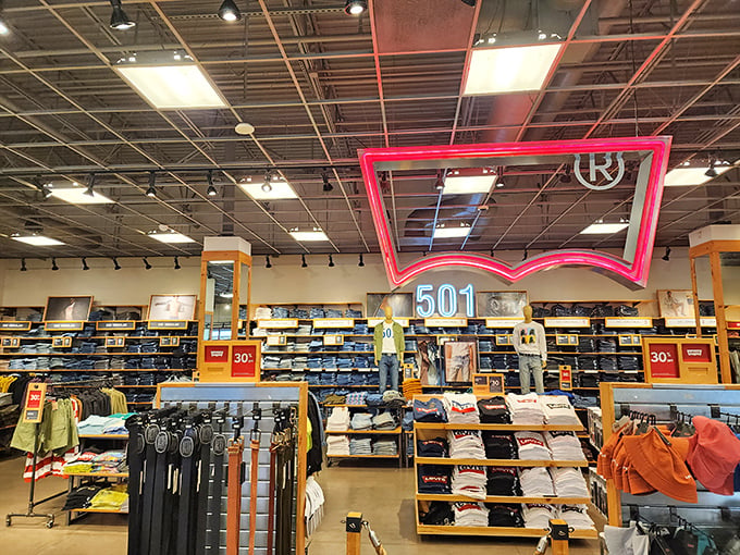The iconic Levi's 501 display&mdash;where denim dreams come true and "just one pair" becomes a stack of jeans.