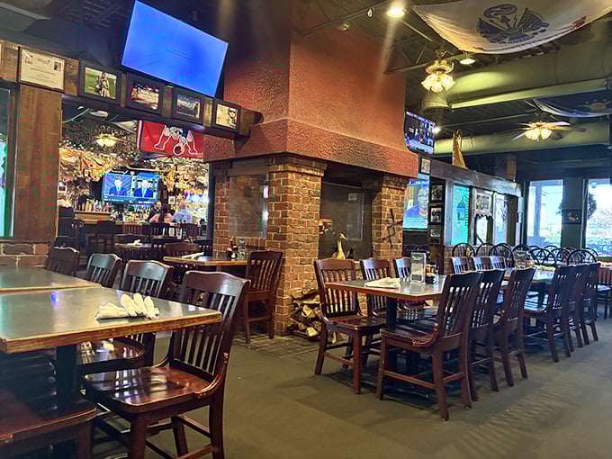 Dark wood and brick create that perfect pub atmosphere where strangers become friends over pints.