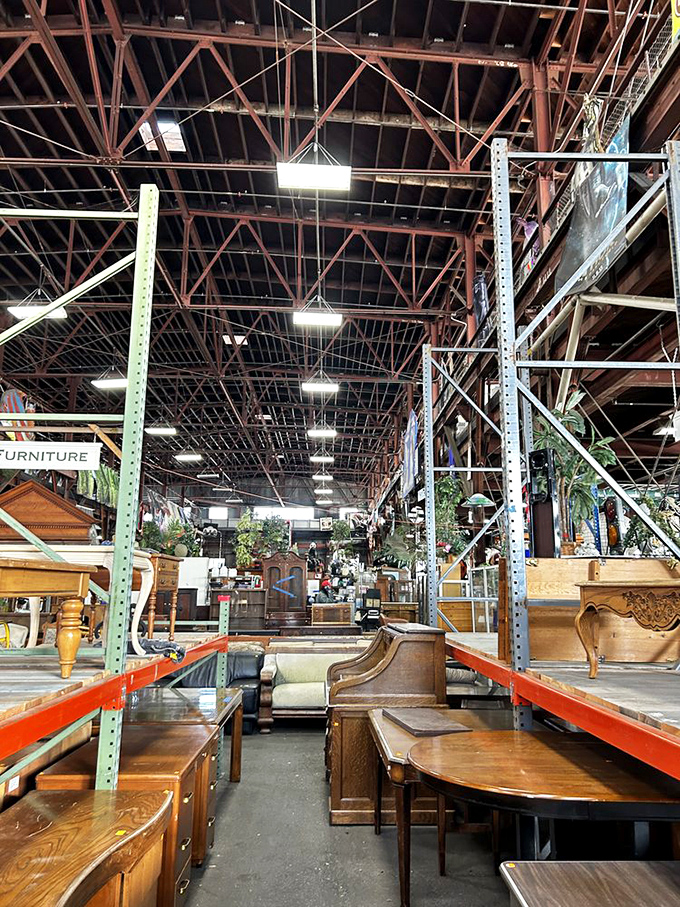 Soaring industrial ceilings and endless aisles of furniture create a cathedral-like atmosphere dedicated to the religion of reuse.