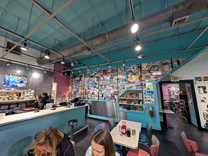 Inside, turquoise ceilings and memorabilia-covered walls create the perfect backdrop for breakfast theater. The exposed pipes aren't industrial&mdash;they're conversation starters.