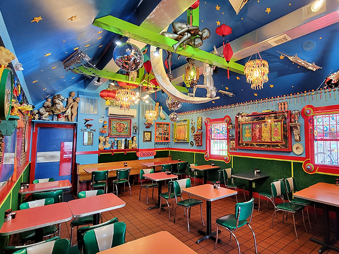 Step inside and look up&mdash;the ceiling's cosmic playground of toys, disco balls, and model airplanes suggests your meal comes with a side of imagination.