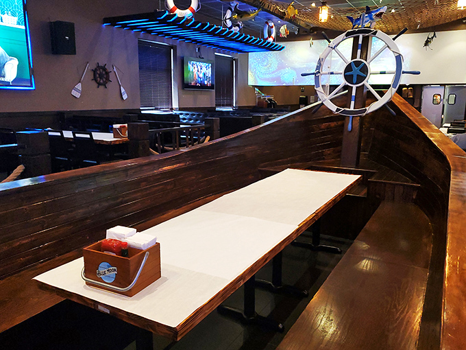 Ship ahoy! The nautical-themed interior complete with captain's wheel makes you feel like you've sailed straight into a coastal eatery.