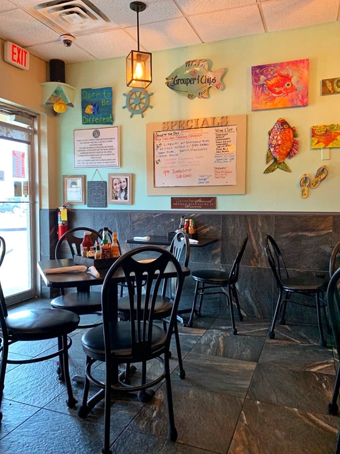 Step inside and you're transported to a coastal haven where nautical d&eacute;cor and mint-green walls set the perfect stage for seafood magic to unfold.