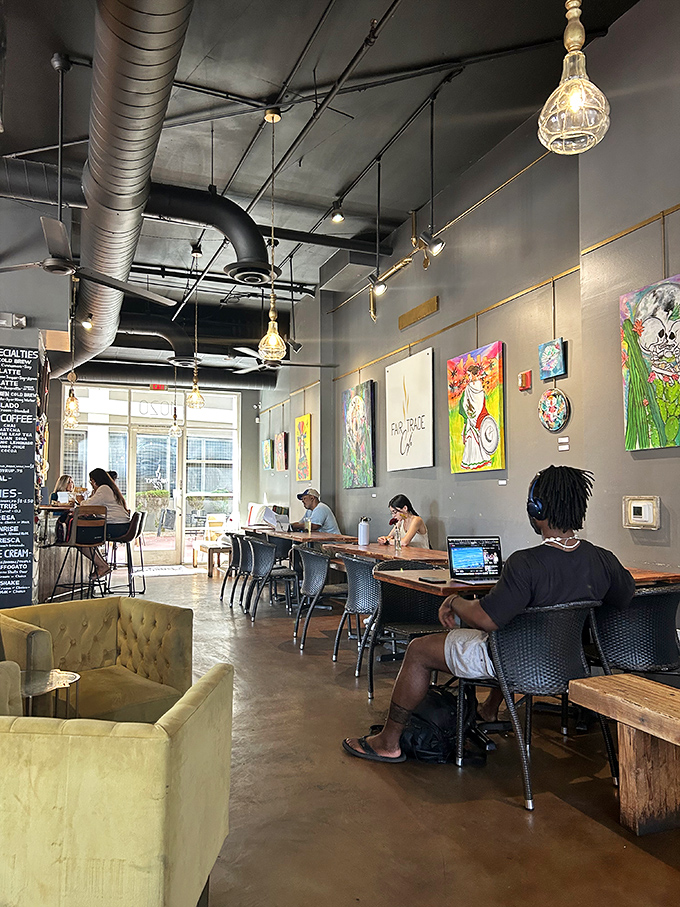 Inside, industrial-chic meets creative workspace&mdash;where laptop warriors and conversation enthusiasts find common ground under exposed ductwork and local art.