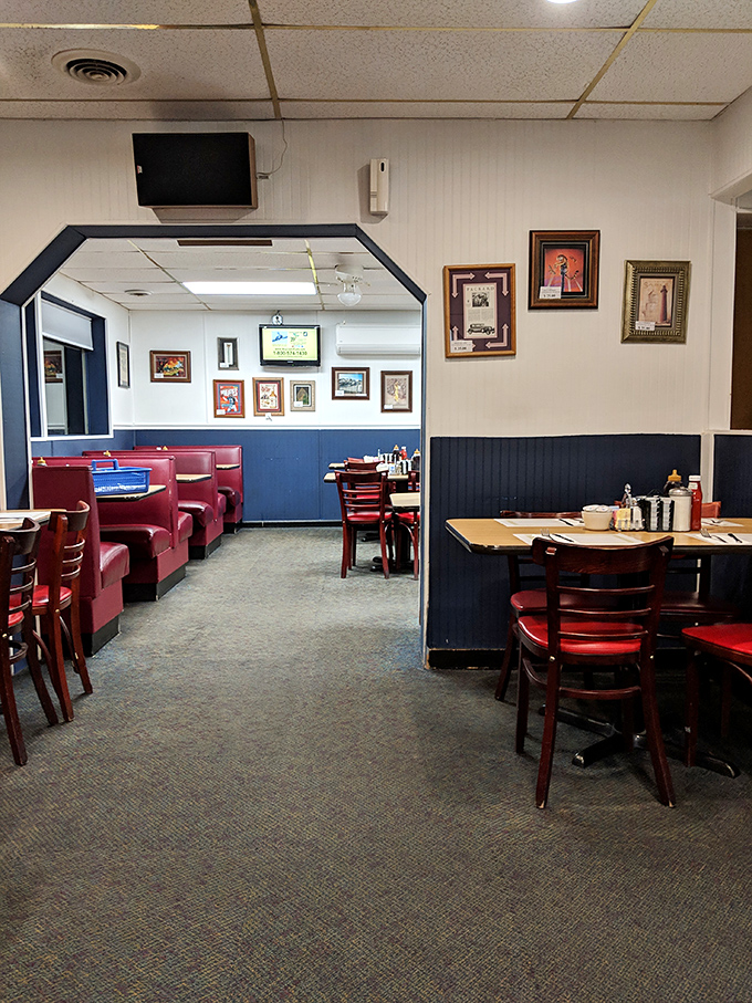 Classic red vinyl booths and navy wainscoting create that timeless diner atmosphere where comfort reigns supreme and conversations flow as freely as the coffee.