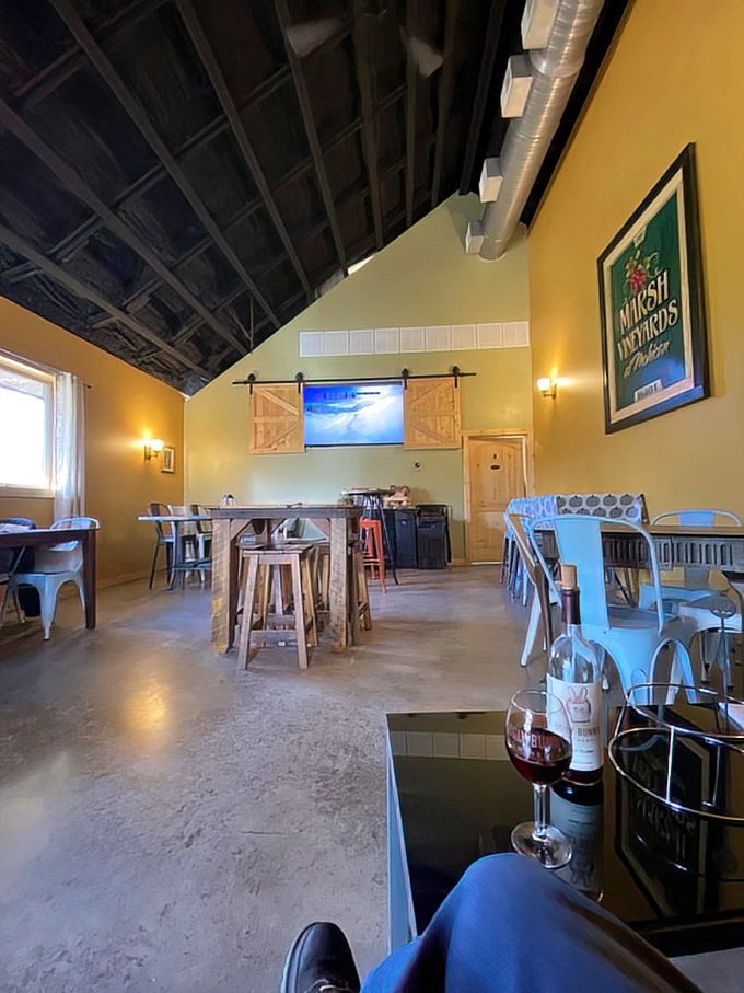 High ceilings and warm yellow walls create an airy barn-like atmosphere where industrial meets farmhouse chic&mdash;the perfect backdrop for wine-fueled conversations.