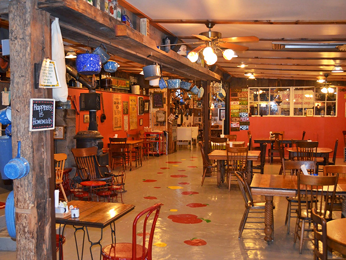 Step inside and time slows down – mismatched chairs, exposed beams, and those whimsical polka dots on the floor promise comfort food that transcends trends.