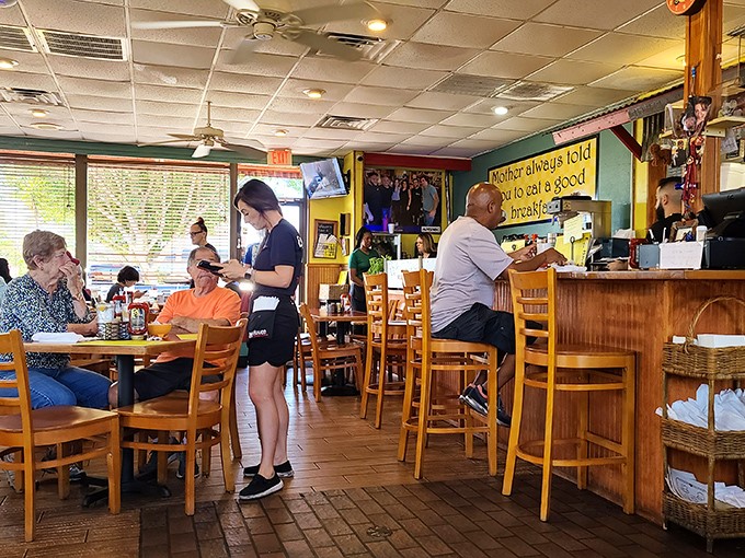 Inside, wooden chairs and homey d&eacute;cor create that classic diner atmosphere where conversations flow as freely as the coffee.