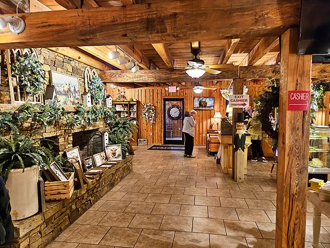 Step inside and you're transported to a rustic haven where wooden beams and stone accents create the perfect backdrop for serious meat consumption. Comfort begins before you even sit down. 