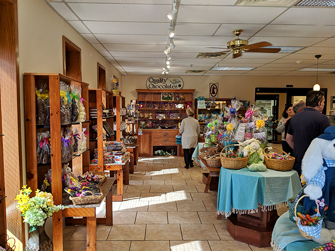 Wooden shelves laden with colorful treats create an atmosphere that's part old-world charm, part Willy Wonka daydream.