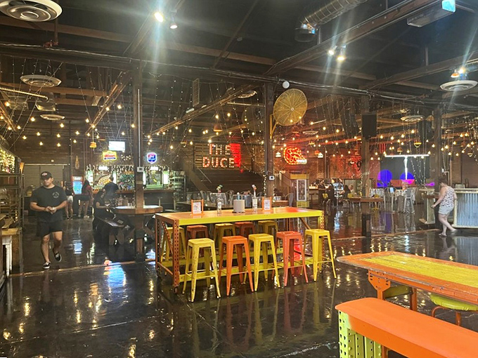 Step inside and time-travel through decades of Americana. The boxing ring, string lights, and colorful metal stools create a playground for grown-ups.