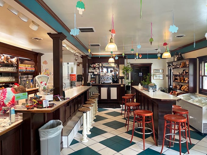 The classic checkerboard floor and vintage counter aren't retro by design&mdash;they're authentic survivors from a more delicious era.