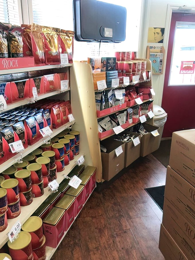 Shelves stocked with pink and gold packages create a candy lover's dream landscape. Diet resolutions come here to die gloriously.