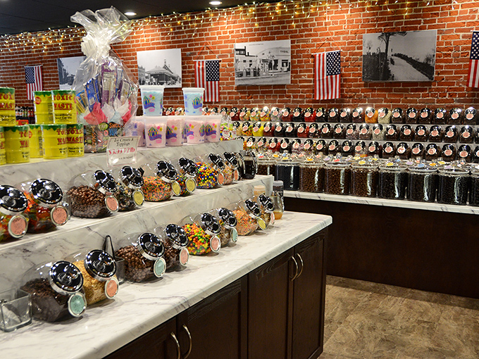 Brick walls lined with vintage photos create the perfect backdrop for this treasure trove of confectionery delights.