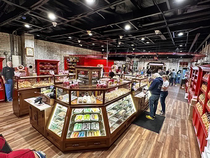 A candy museum where everything's for sale. The warm wood and exposed brick create the perfect backdrop for the sweet treasures awaiting discovery.