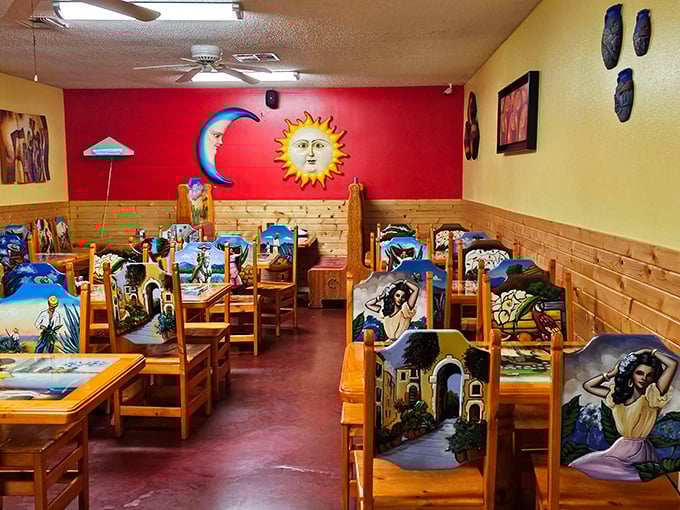 Step inside to a fiesta for the senses! Hand-painted chairs and a sun-moon motif create the perfect backdrop for the flavor explosion that's about to happen.