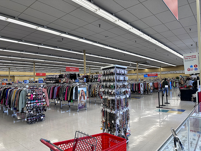 Endless racks stretch toward fluorescent horizons&mdash;a landscape where fashion democracy reigns and your next signature piece lurks incognito.