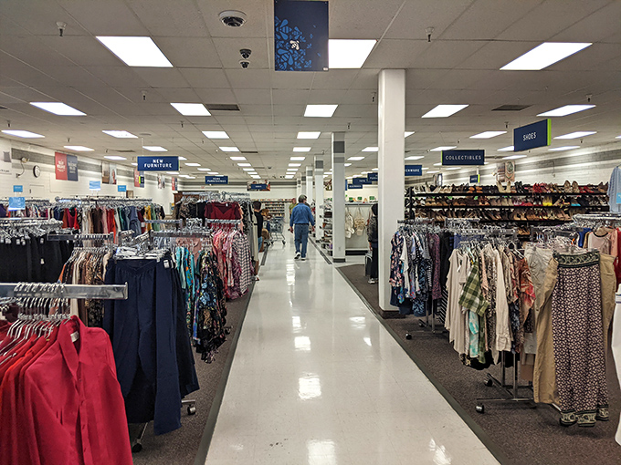 Aisles that stretch to infinity and beyond! The gleaming floors and organized chaos promise adventures in secondhand shopping.