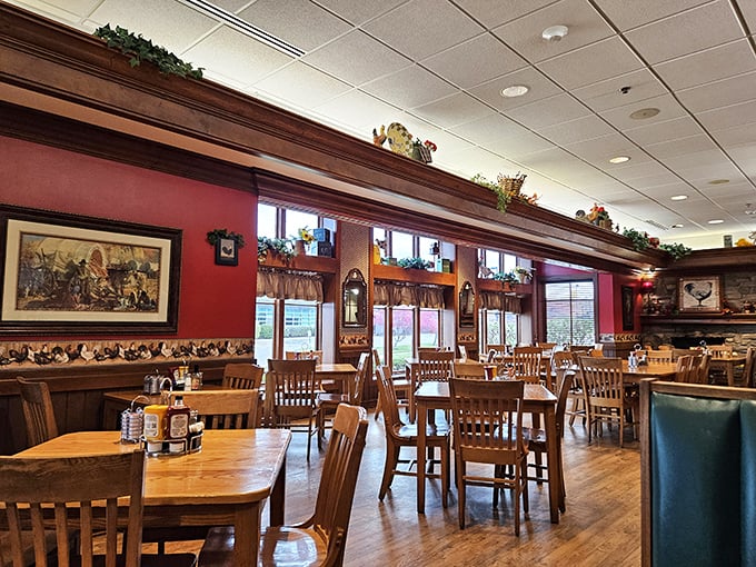Step inside to a warm wooden interior where red walls, country decor, and sturdy tables create the perfect setting for serious eating&mdash;no tiny portions or pretentious plating here.
