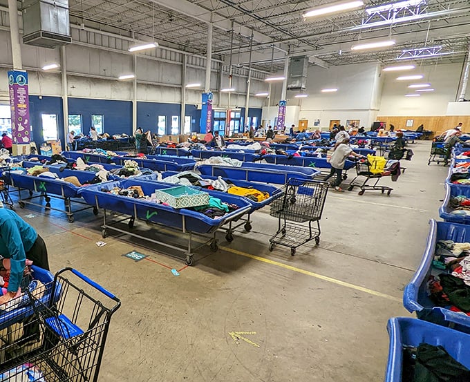 Welcome to the thrift Olympics! Blue bins stretch as far as the eye can see, filled with possibilities and that one vintage t-shirt you didn't know you needed.