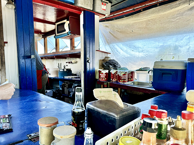 Inside this nautical kitchen, magic happens. The compact galley where albacore transforms into golden perfection is a masterclass in efficient design.