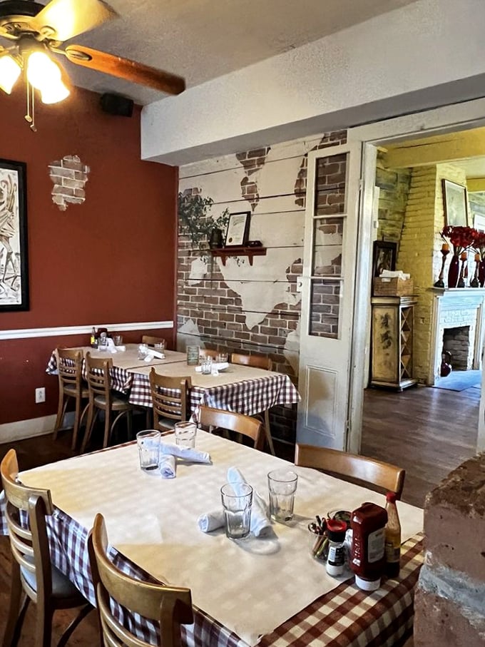 Exposed brick walls and checkered tablecloths create that perfect "come stay awhile" atmosphere where breakfast memories are made.