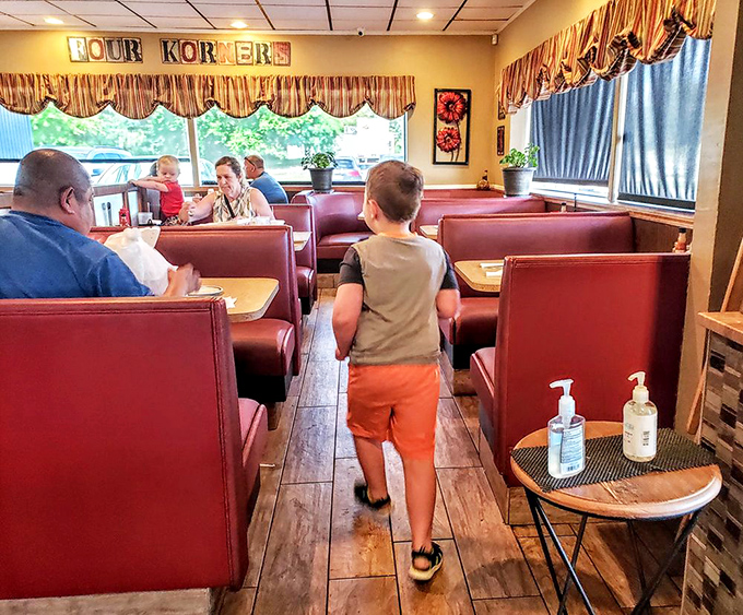 Classic red vinyl booths and homey striped curtains create the perfect backdrop for comfort food conversations that have sustained this community gathering spot for years.
